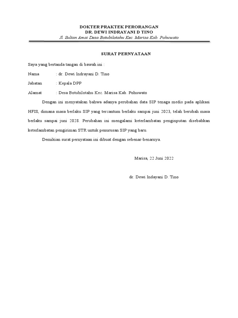 Surat Pernyataan Perbaikan Hfis | PDF
