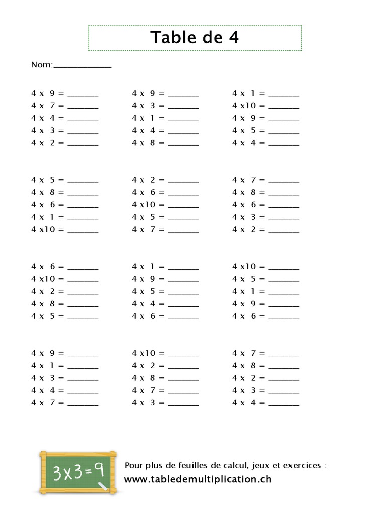 Fiches de Table de 4 Ws4 | PDF