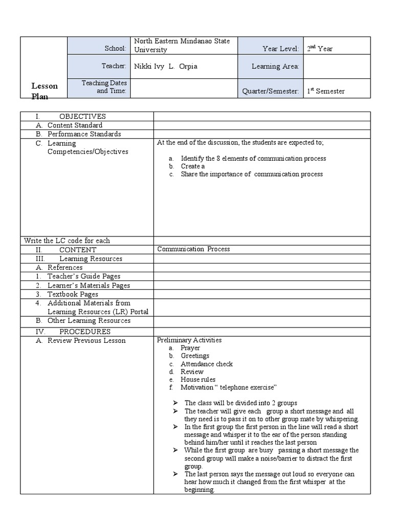 Lesson Plan Communication Process | PDF | Communication | Nonverbal ... Lesson Plan Communication Process | PDF | Communication | Nonverbal ...