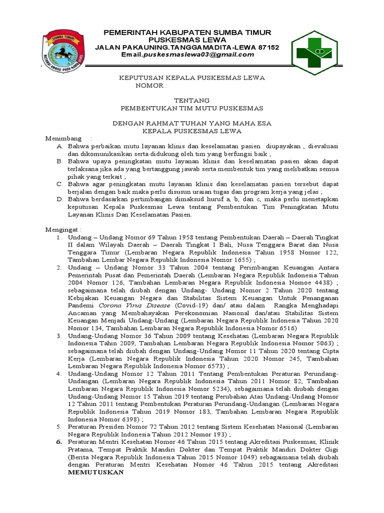 Contoh SK Tim Mutu PKM Lewa | PDF