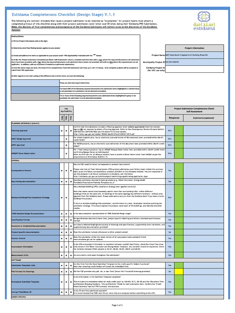Estidama Completeness Checklist - V 1.1 | PDF