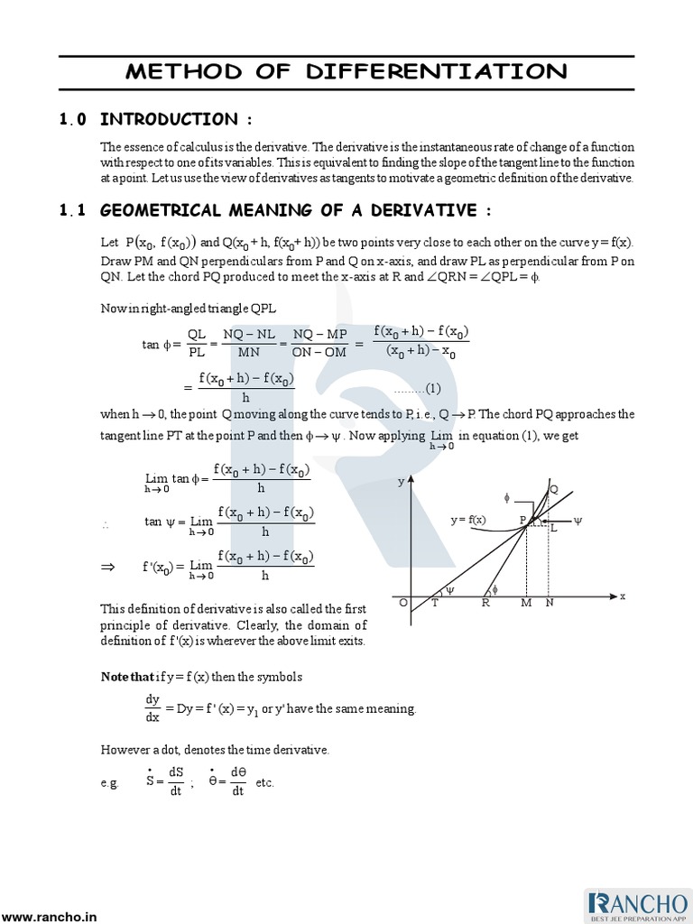 Method of Differentiation - Chapter Notes | PDF