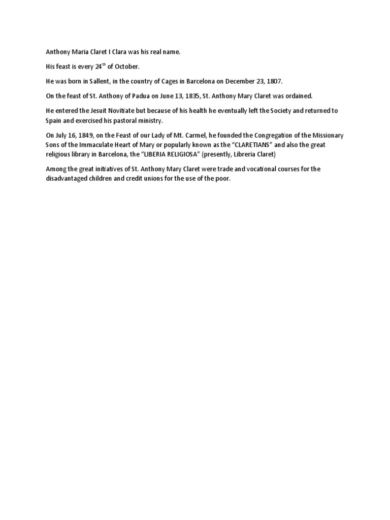Anthony Maria Claret I Clara Was His Real Name | PDF | History ...