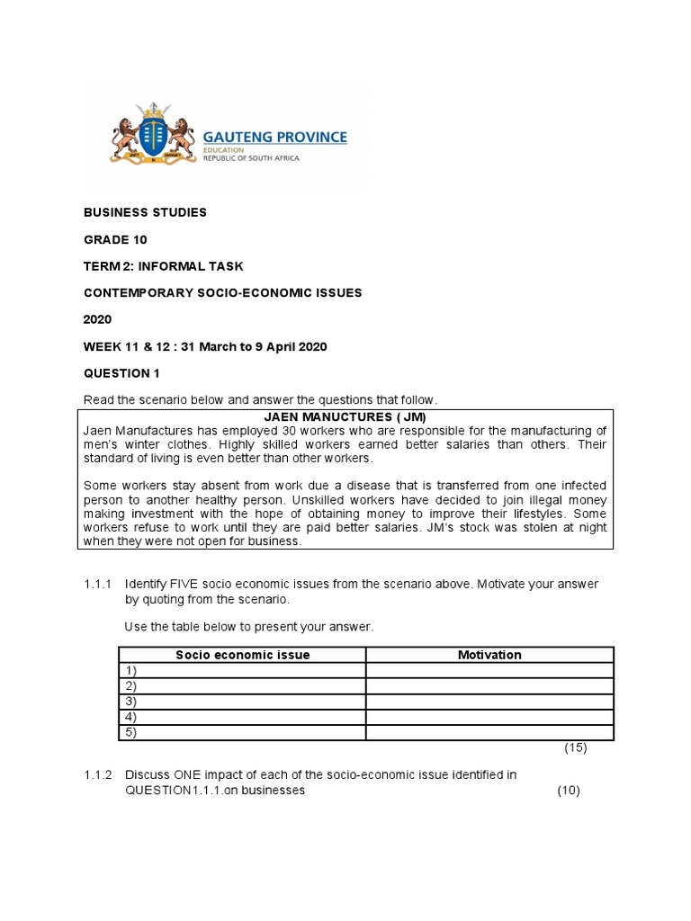 2020 Bstd Grade 10 Term 2 Activities | PDF | Economies | Business
