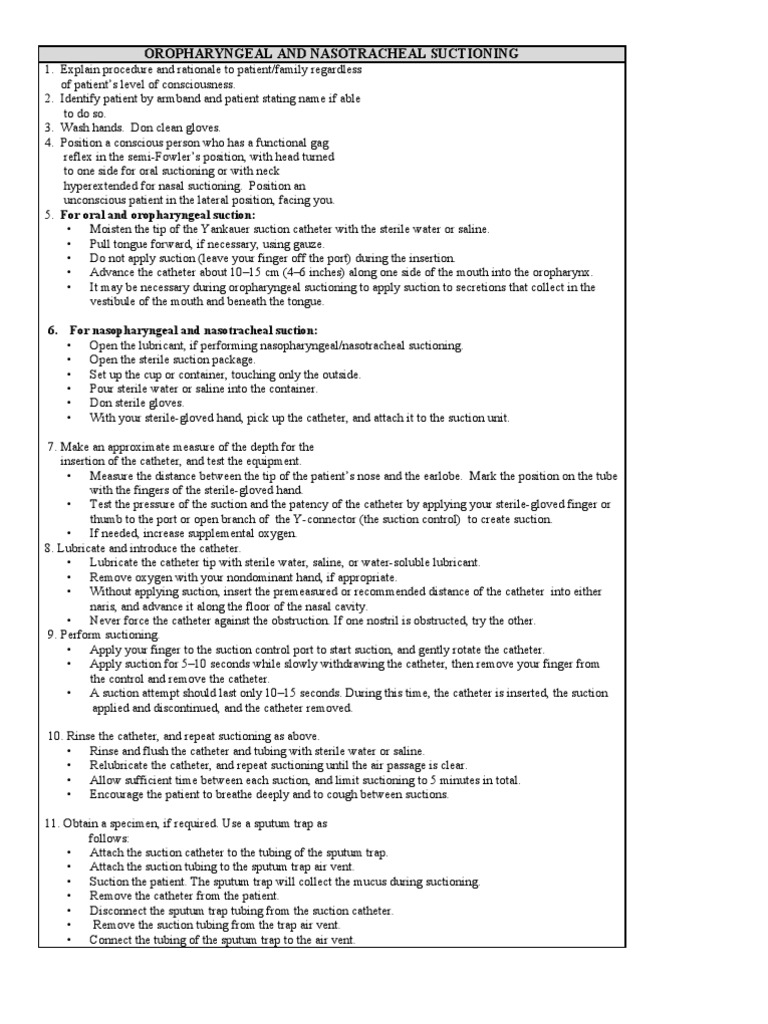 Oropharyngeal and Nasotracheal Suctioning Guide | PDF | Respiratory ...