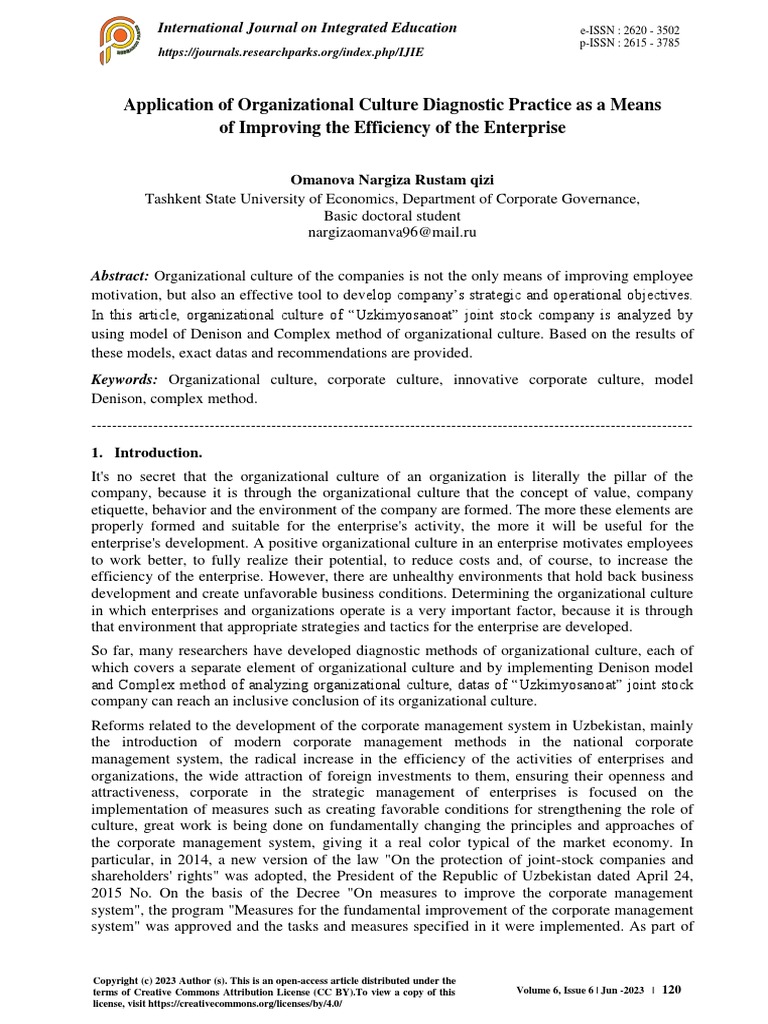 Application of Organizational Culture Diagnostic Practice As A Means of Improving The Efficiency ...