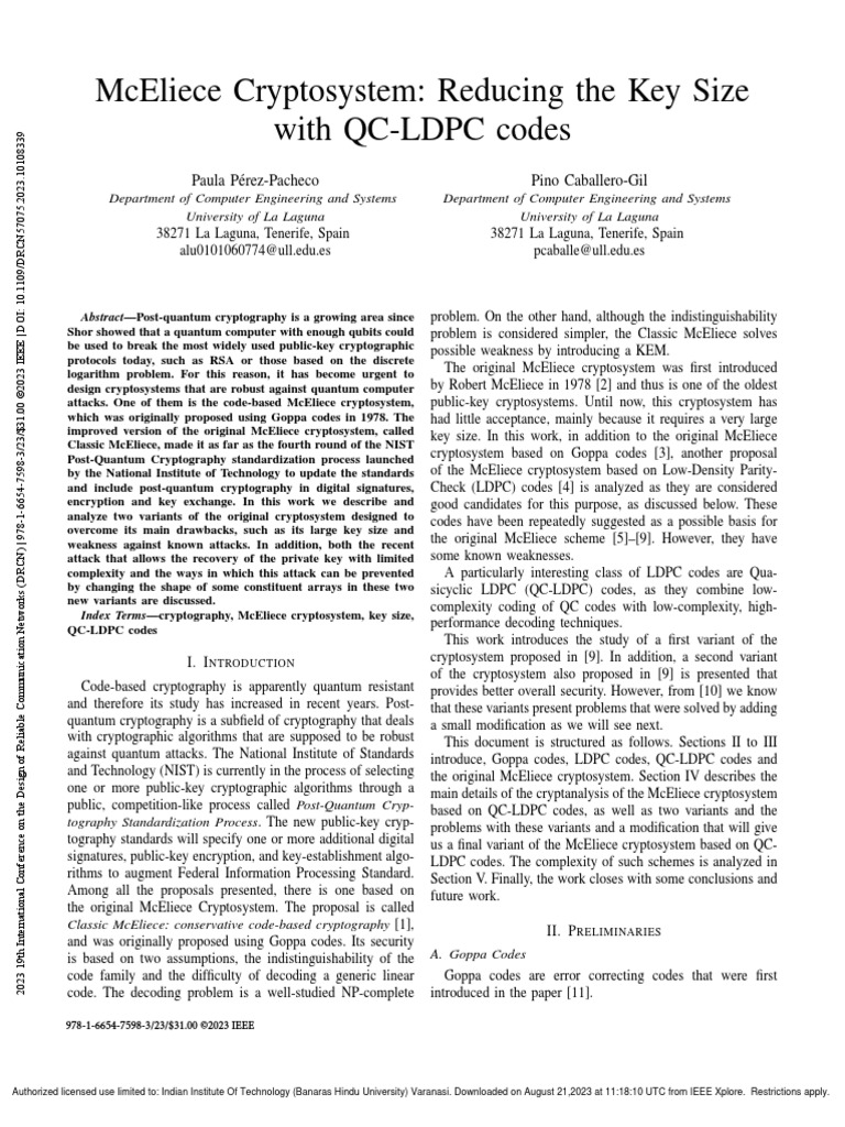 McEliece Cryptosystem - Reducing The Key Size With QC-LDPC Codes | PDF