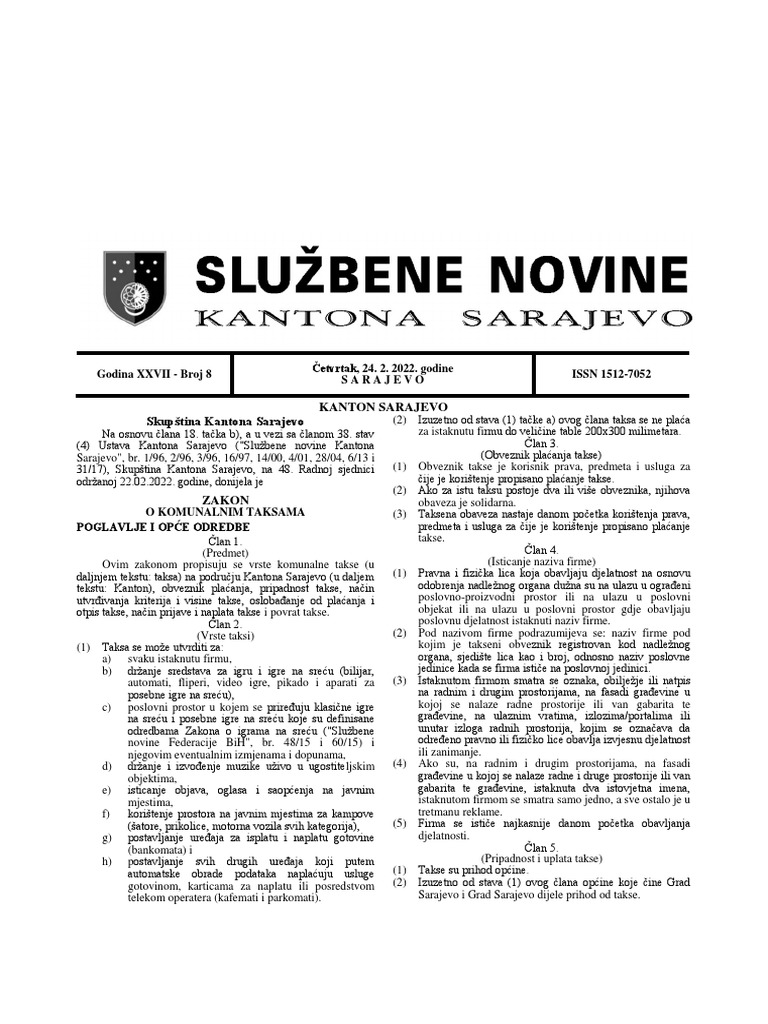 Zakon o Komunalnim Taksama KS | PDF