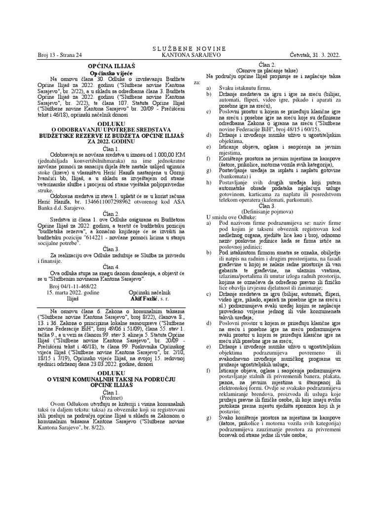 Komunalna Taksa Ilijas | PDF