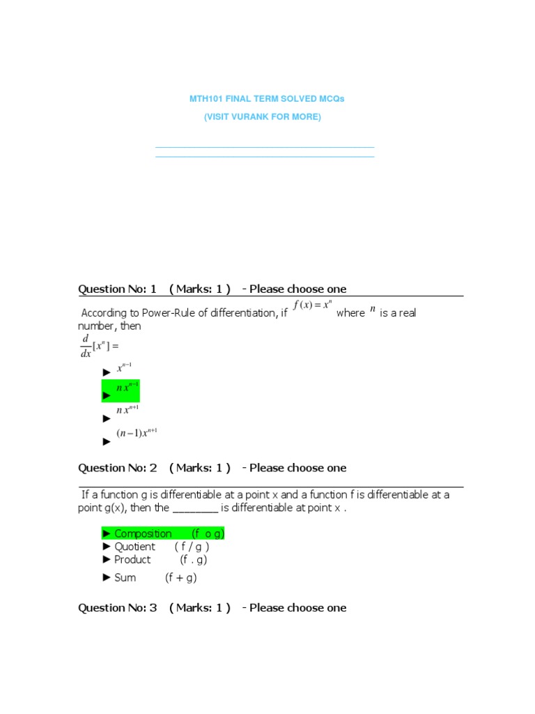 MTH101 Final Term MCQs | PDF