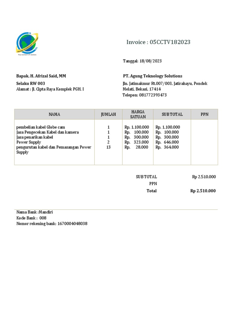 Invoice Perbaikan CCTV Komplek | PDF