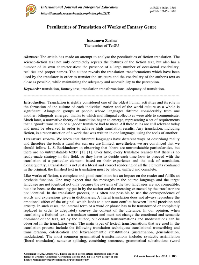 Peculiarities of Translation of Works of Fantasy Genre | PDF ...