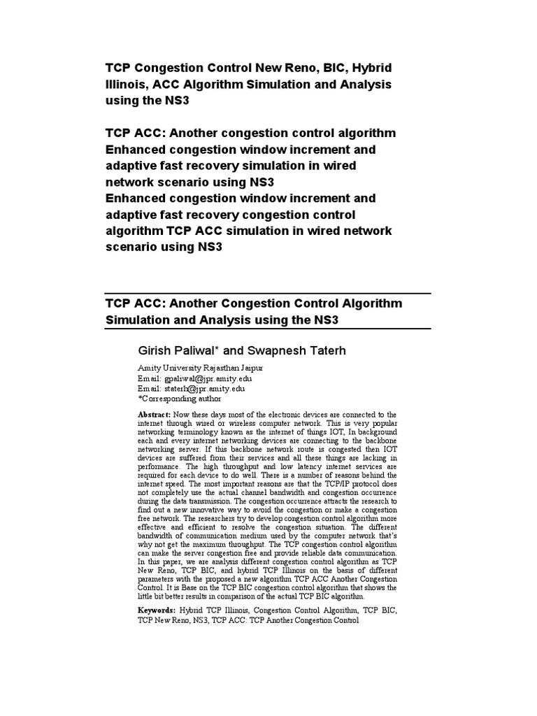 TCP Congestion Control NewReno, BIC, Hybrid Illinois, ACC Algorithm Simulation and Analysis ...