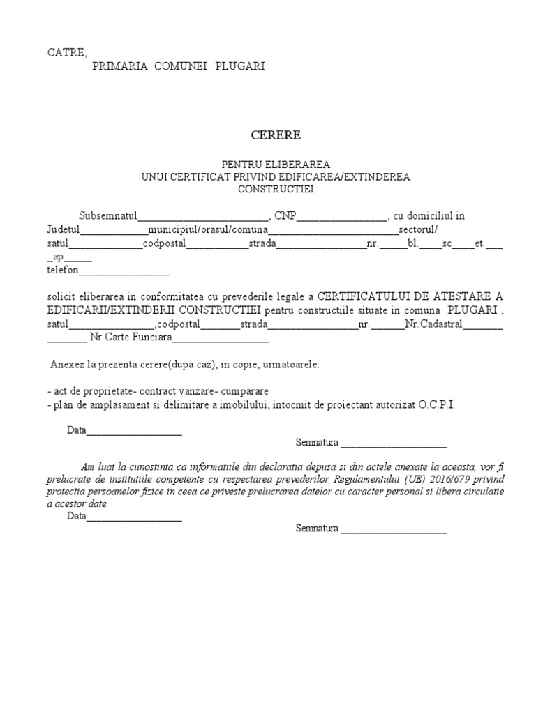 Cerere Certificat Edificare Constructie | PDF