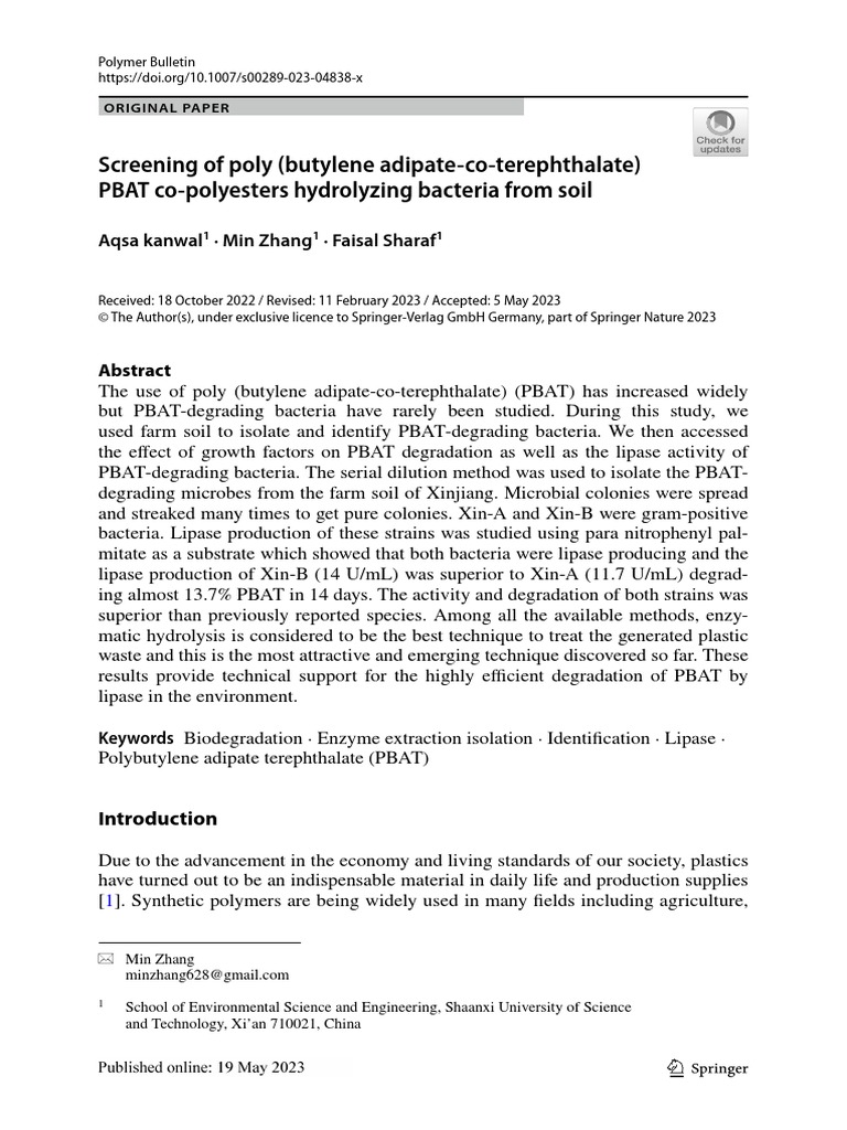 Screening of Poly (Butylene Adipate Co Terephthalate) PBAT Co Polyesters Hydrolyzing Bacteria ...