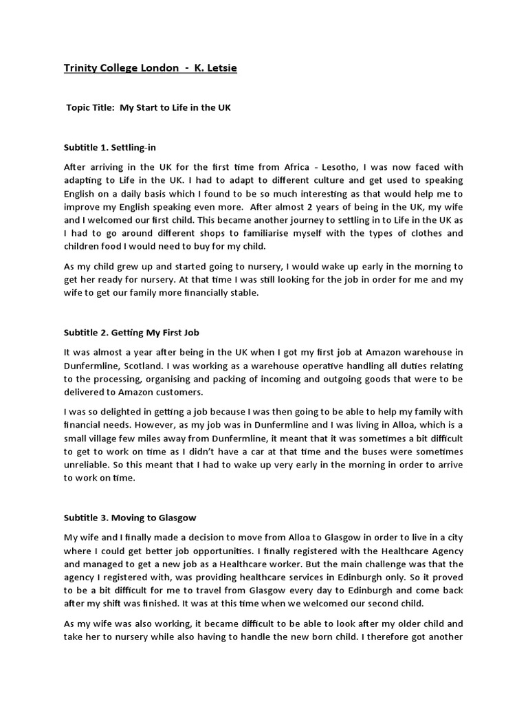 Trinity College London - Topic Form - K. Letsie | PDF