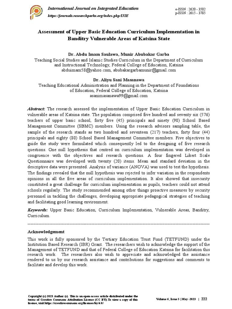Assessment of Upper Basic Education Curriculum Implementation in Banditry Vulnerable Areas of ...