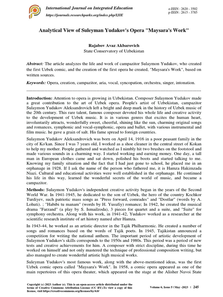 Analytical View of Suleyman Yudakov's Opera "Maysara's Work" | PDF