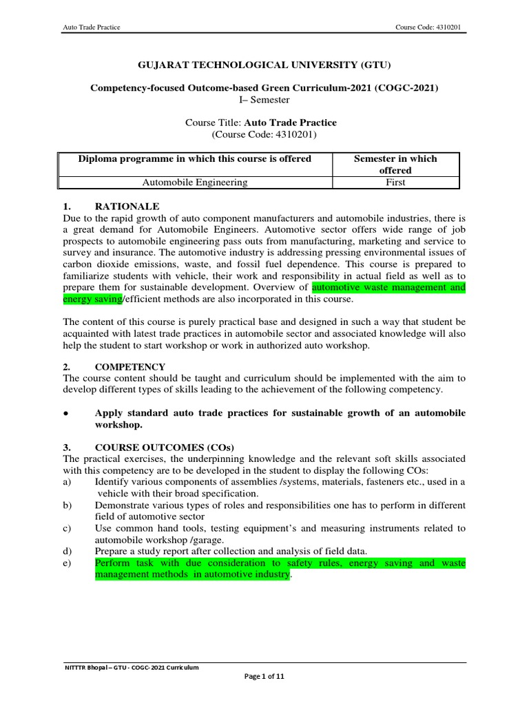 SEM-1-AE-Auto Trade Practice-GTU-22-09-2021 | PDF | Car | Automotive ...