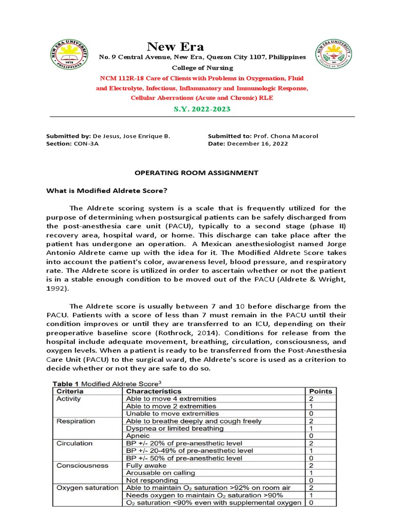 Modified Aldrete Score | PDF