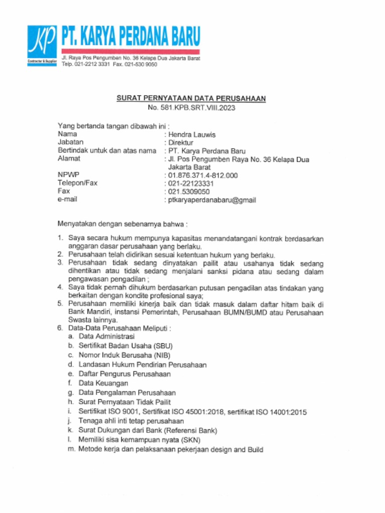Surat Pernyataan Data Perusahaan | PDF