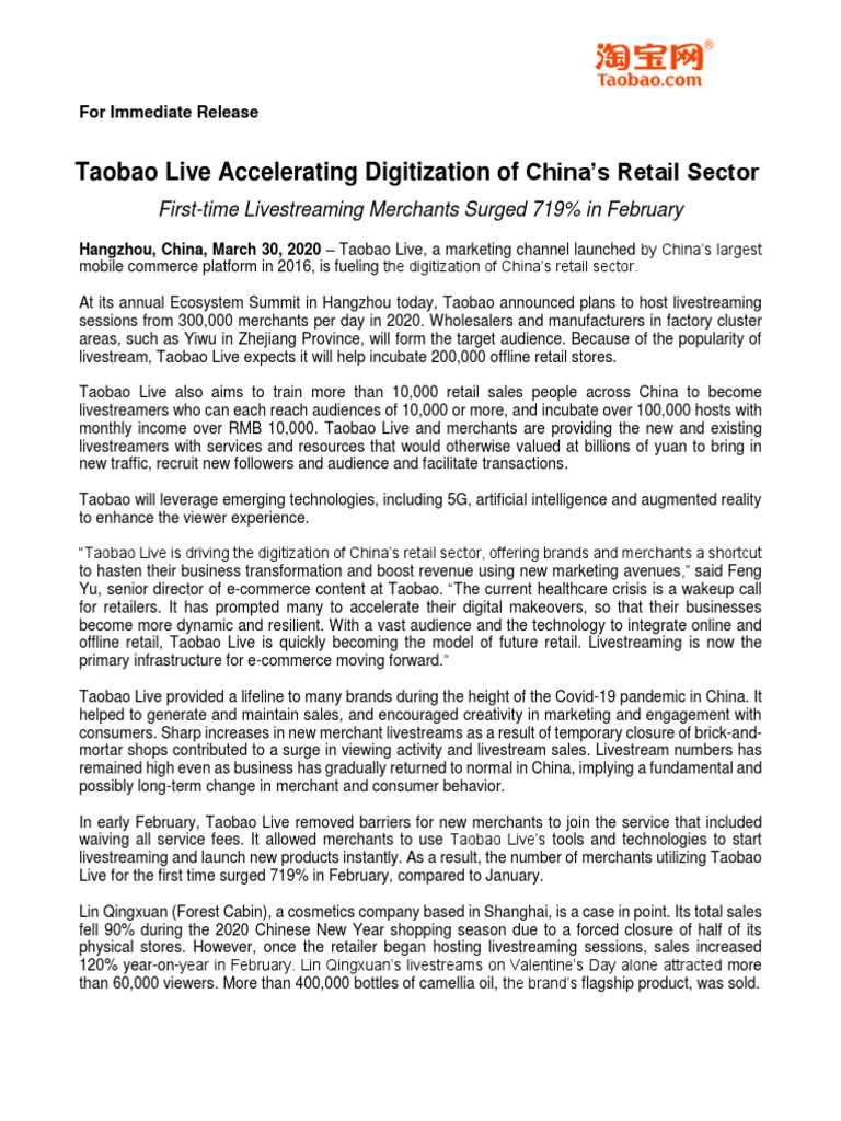 (Press Release) Taobao Live Accelerating Digitization of China's Retail Sector | PDF | Retail ...