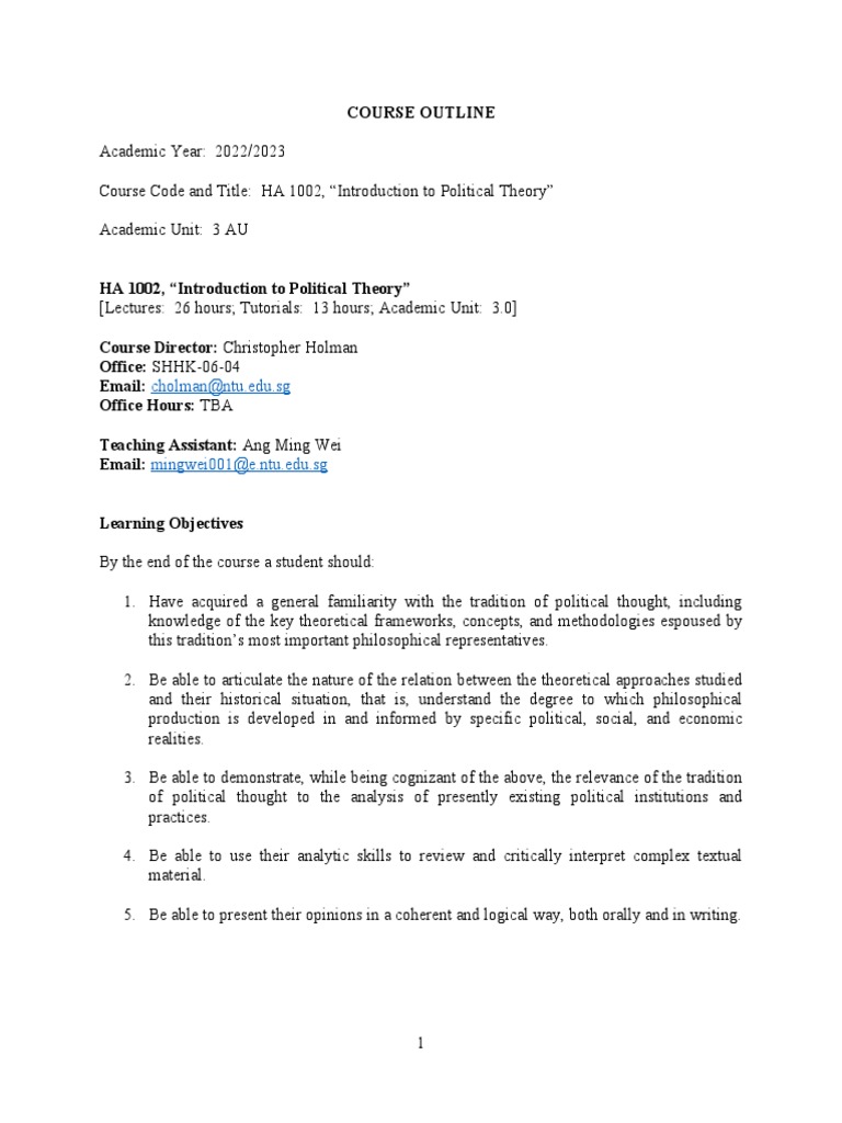 HA1002 POLITICAL THEORY - Syllabus (AY22/23) | PDF