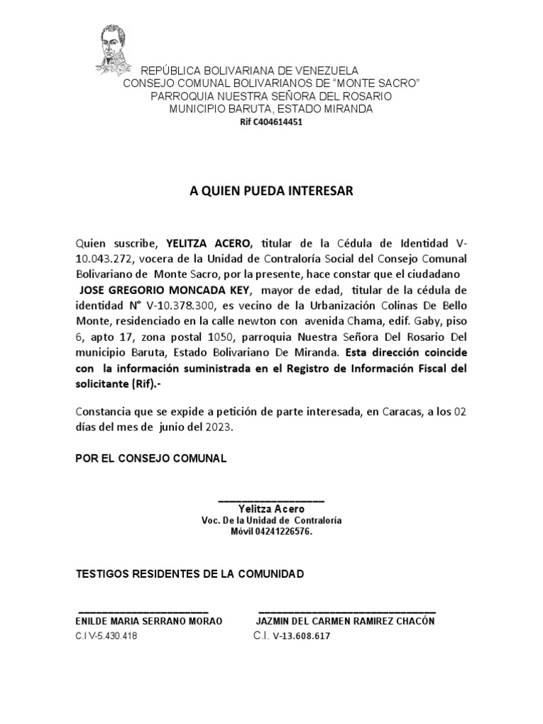 Carta de Residencia Del Consejo Comunal 1 JOSE GREGORIO MONCADA | PDF