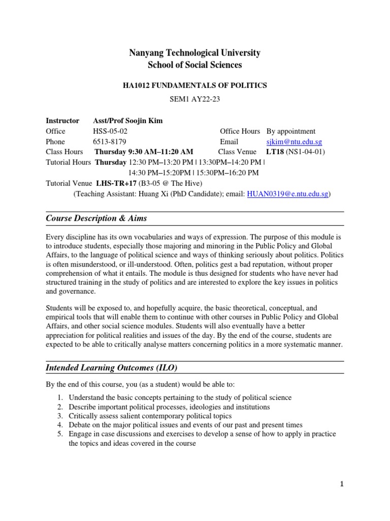 HA1012 FUNDAMENTALS OF POLITICS - Syllabus (AY22/23) | PDF | Academic ...