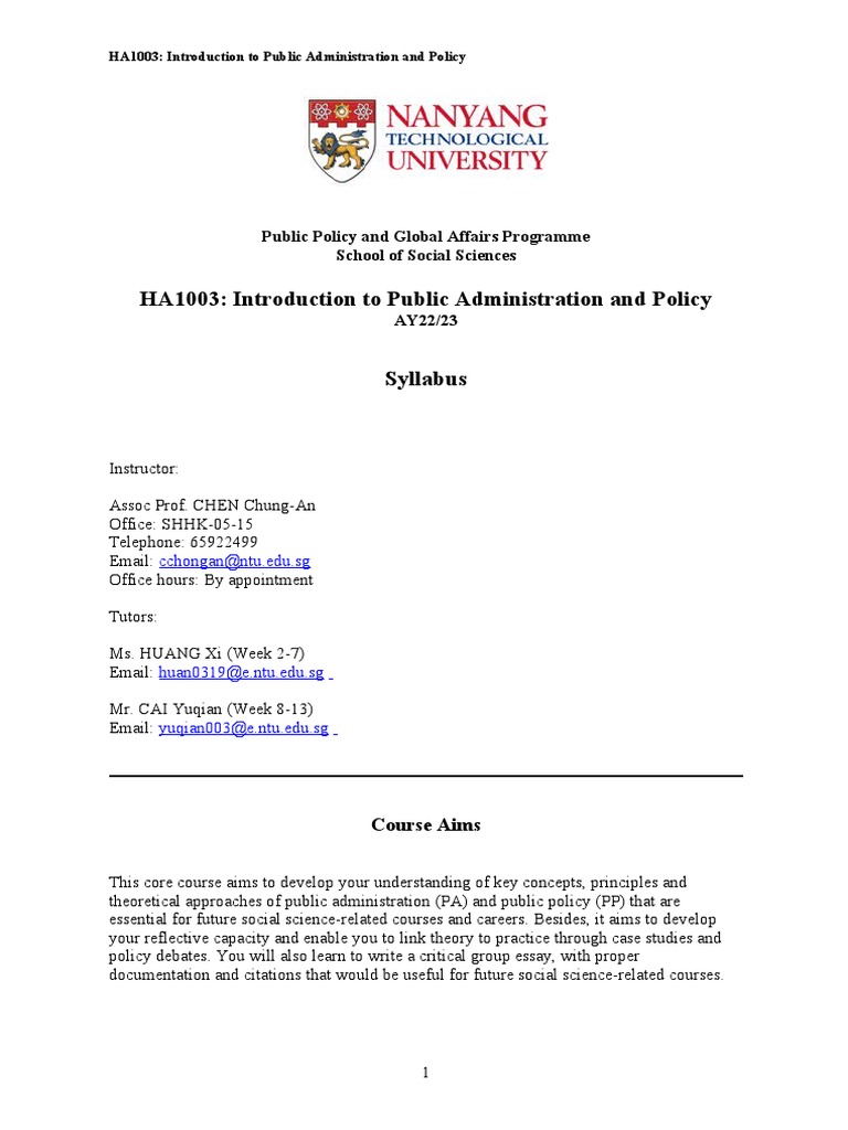 HA1003 INTRO TO PUBLIC POLICY - Syllabus (AY22/23) | PDF | Policy ...