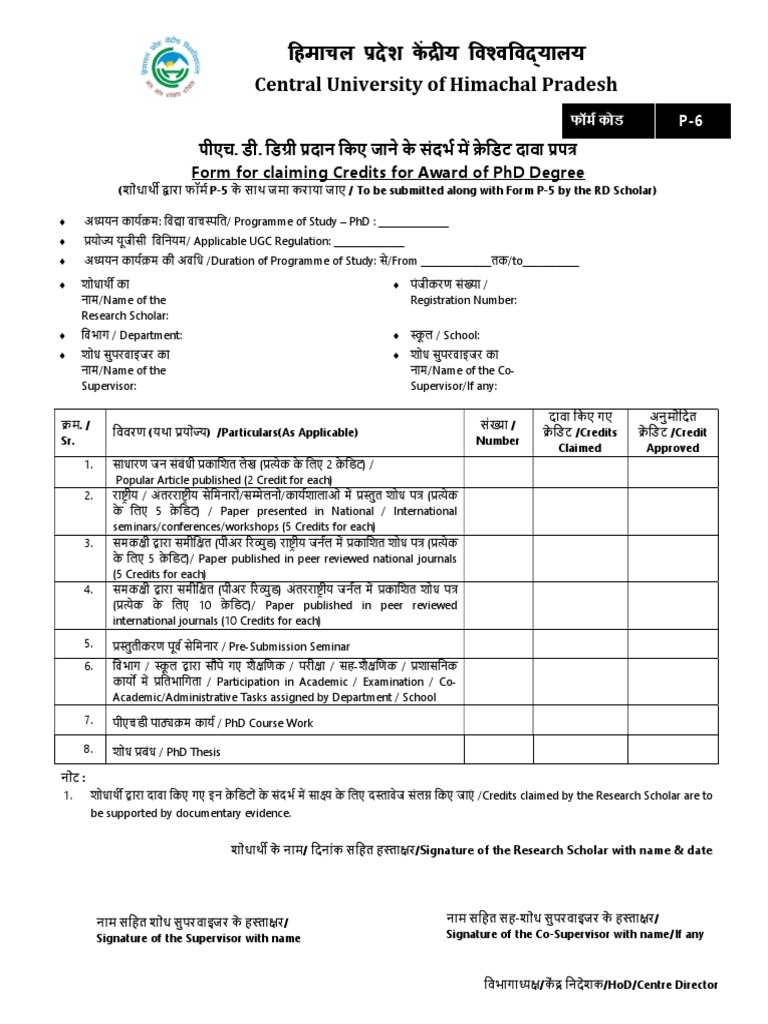 P6_Form_for_claiming_Credits_for_Award_of_PhD_Degree | PDF