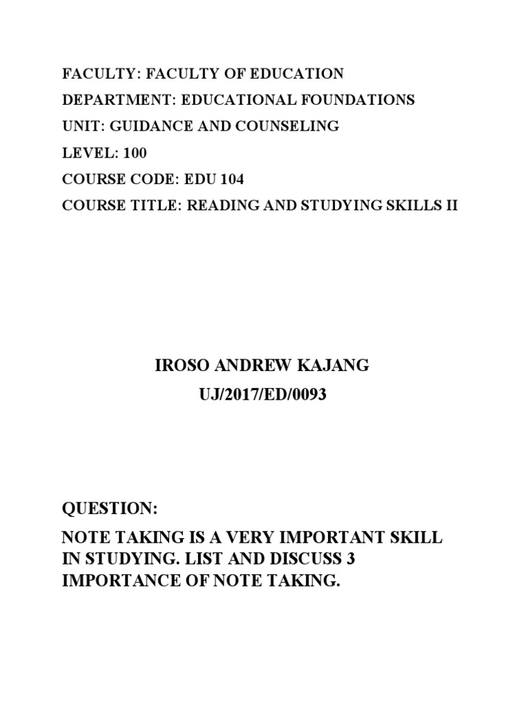 Importance of Note Taking in Education | PDF | Learning | Reading ...
