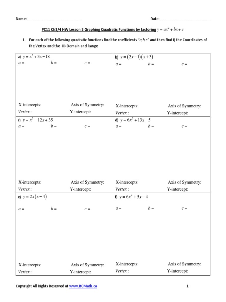 Lesson 3 HW Section 3.2 Graphing Quadratic Functions Ax2+Bx+c by ...