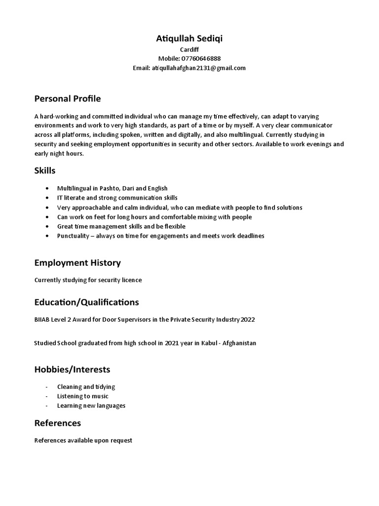 Atiqullah Sediqi: Security Job Seeker | PDF