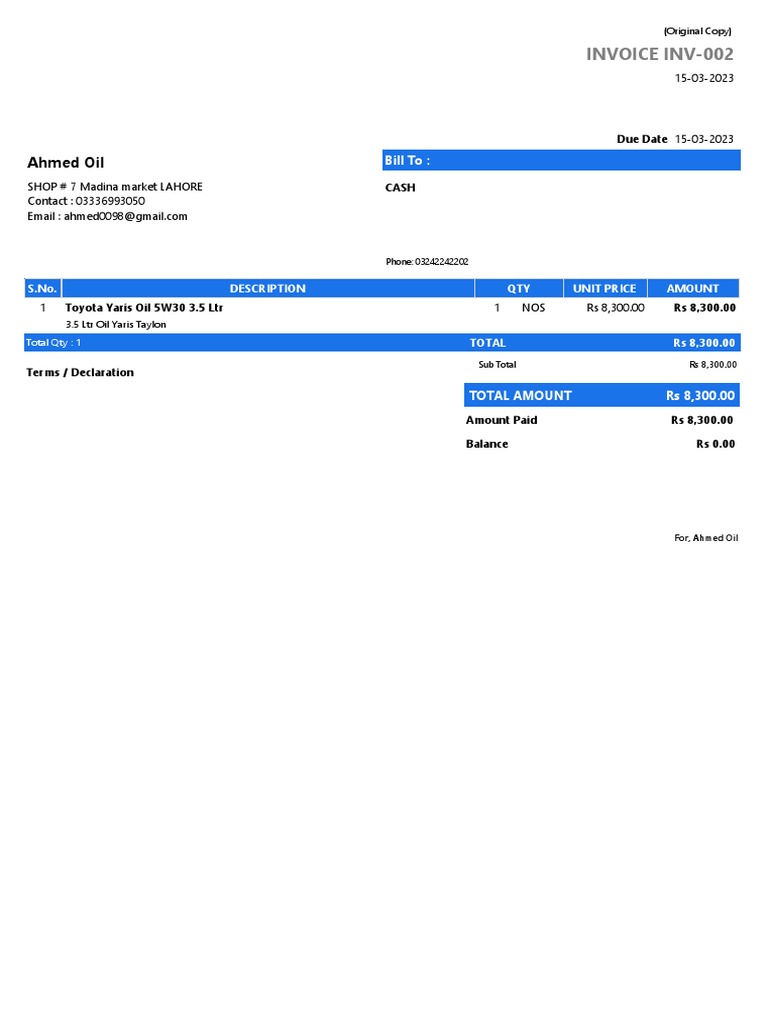 Invoice for Toyota Yaris Oil | PDF