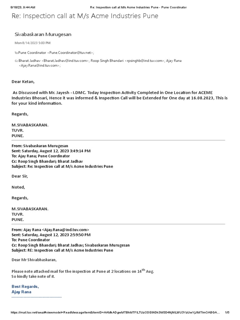 Re - Inspection Call at M - S Acme Industries Pune - Pune Coordinator | PDF | Communication