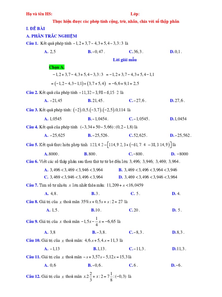 (7.4) - Toan6 Thuc Hien Đuoc Cac Phep Tinh Cong Tru Nhan Chia Với So Thap Phan | PDF