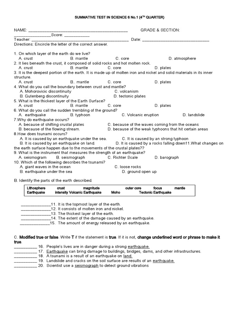 Science 6 Summative Test: Earth Layers & Earthquakes | PDF ...