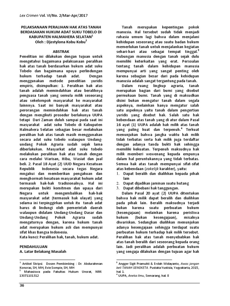 Pelaksanaan Peralihan Hak Atas Tanah Berdasakan Hukum Adat Suku Tobelo ...
