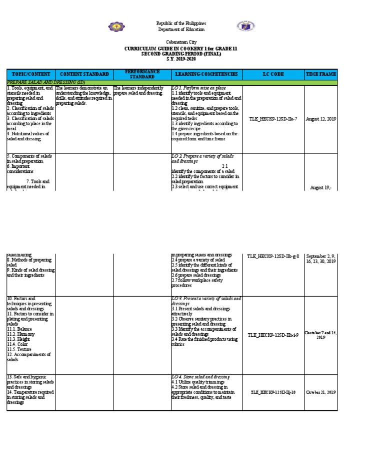 2nd Cookery 9 Curriculum Guide | PDF