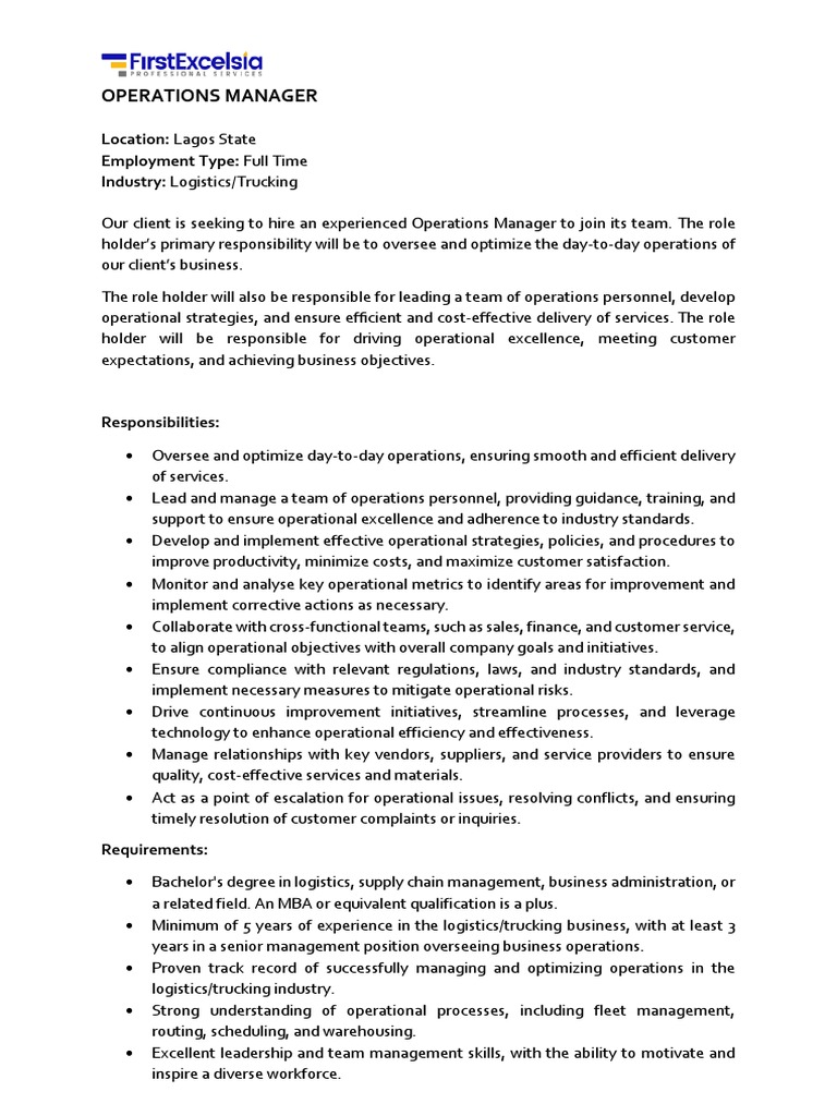 Operations Manager - Job Advert | PDF | Logistics | Supply Chain