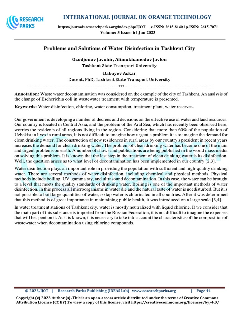 Problems and Solutions of Water Disinfection in Tashkent City | PDF ...