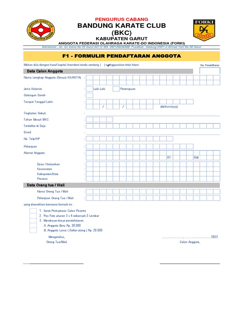 Formulir Pendaftaran BKC Garut | PDF
