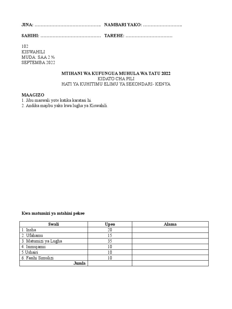 Kiswahili F2 2022 QS | PDF