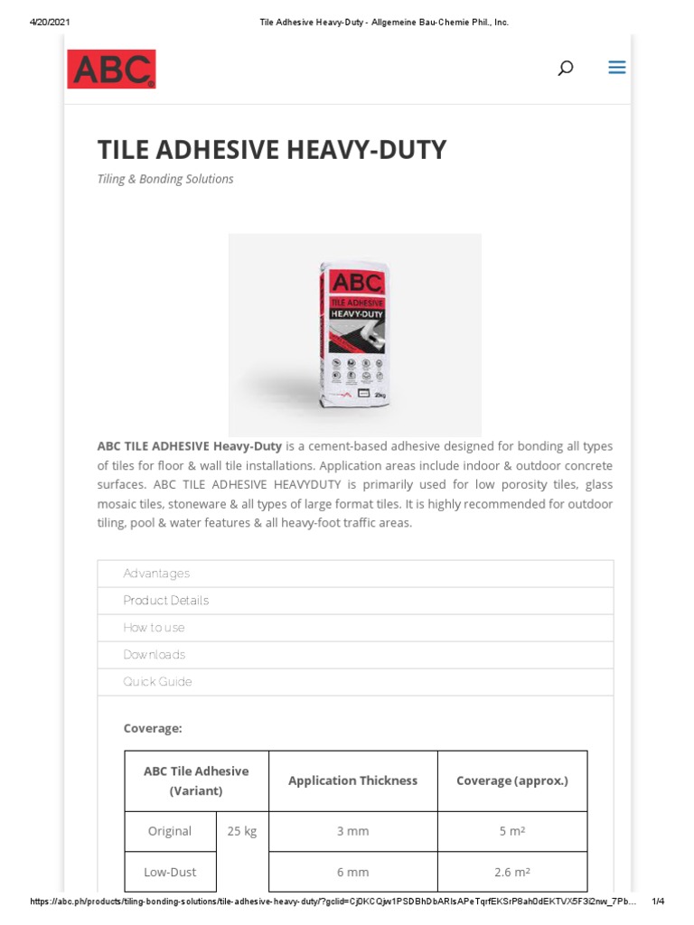 Tile Adhesive Heavy-Duty - Allgemeine Bau-Chemie Phil., Inc | PDF ...