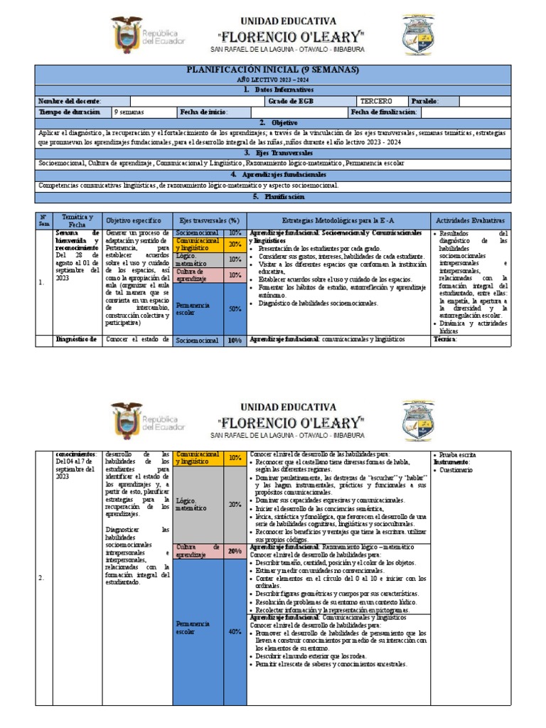 3°GEGB - Planificación Inicial (9 semanas) | PDF | Aprendizaje | Salón ...