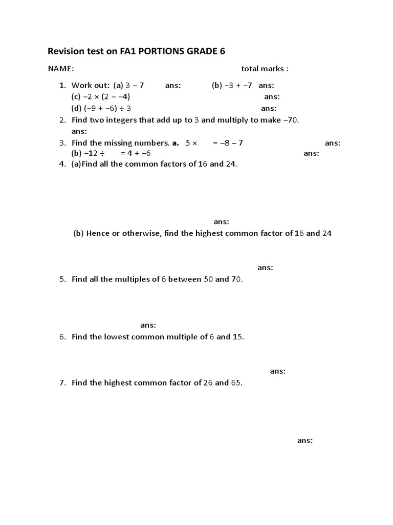 Grade 6-Revision Test | PDF