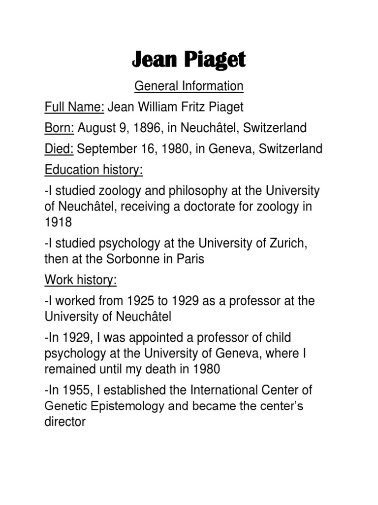 Jean Piaget: Life and Theories | PDF | Psychology | Behavioural Sciences