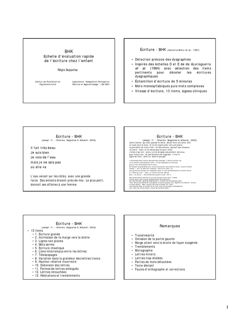 Echelle D'évaluation Rapide de L'écriture Chez L'enfant Écriture - BHK | PDF