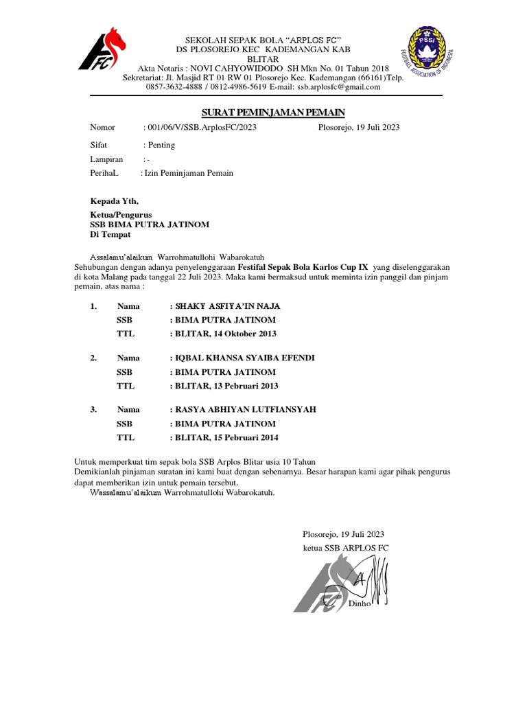 Surat Pinjam Pemain SSB Arplos Blitar | PDF